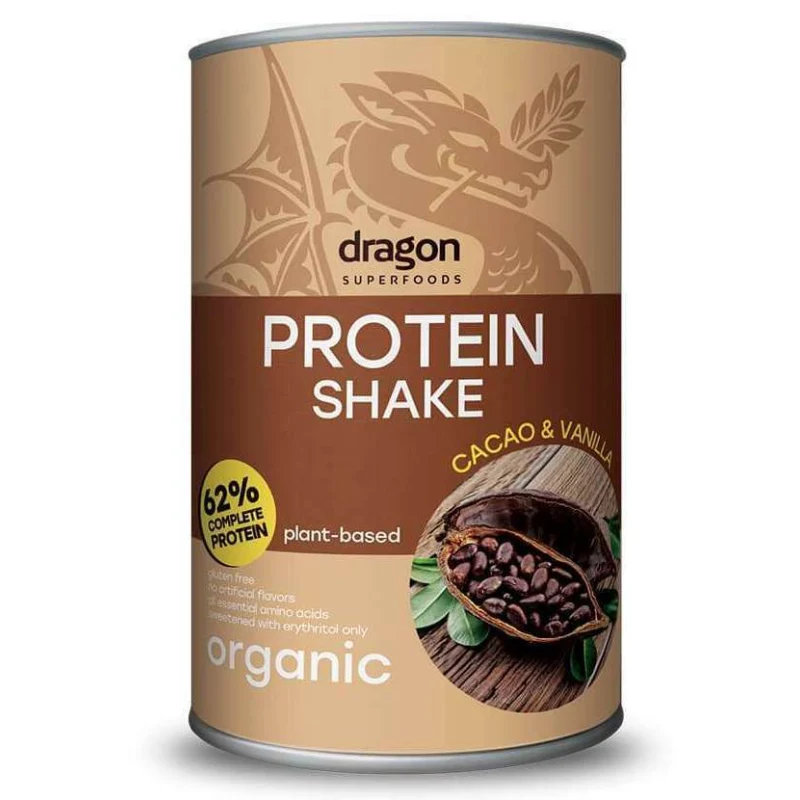 Shake proteic bio, cacao și vanilie, 62% proteine, Dragon Superfoods, 500g